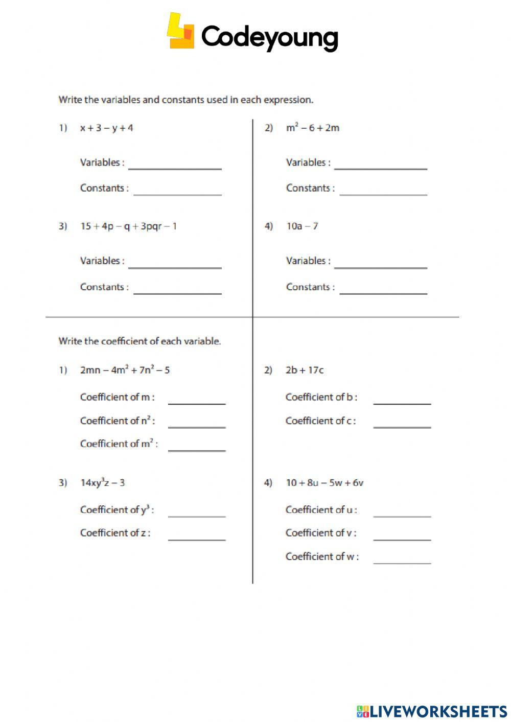 Terms, Coeffici… | Free Interactive Worksheets | 2083564