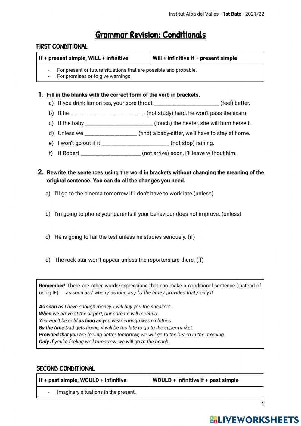 First conditionals worksheet for 1st A-Levels | Live Worksheets