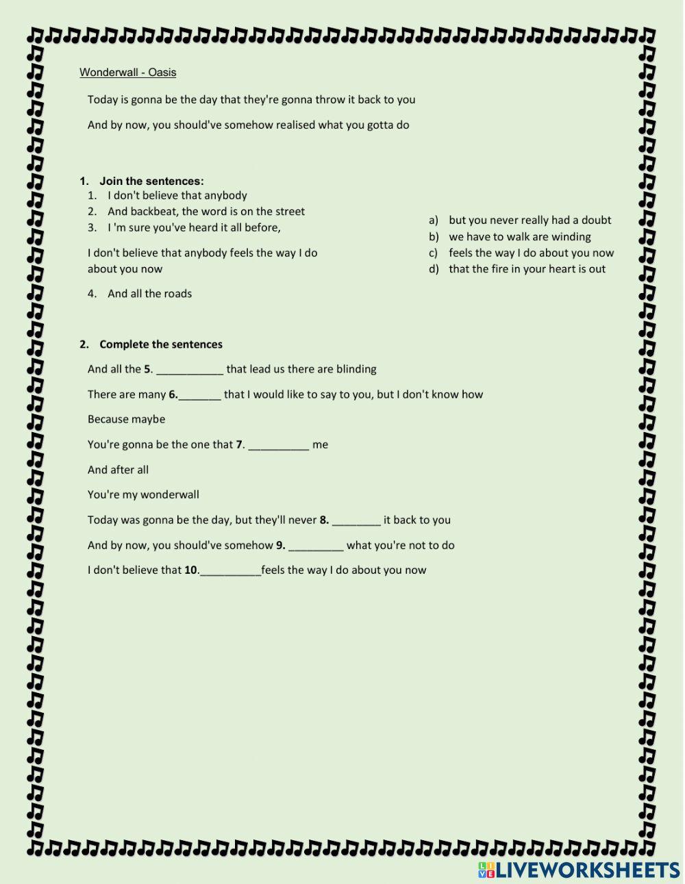 Wonderwall oasis listening song worksheet | Live Worksheets