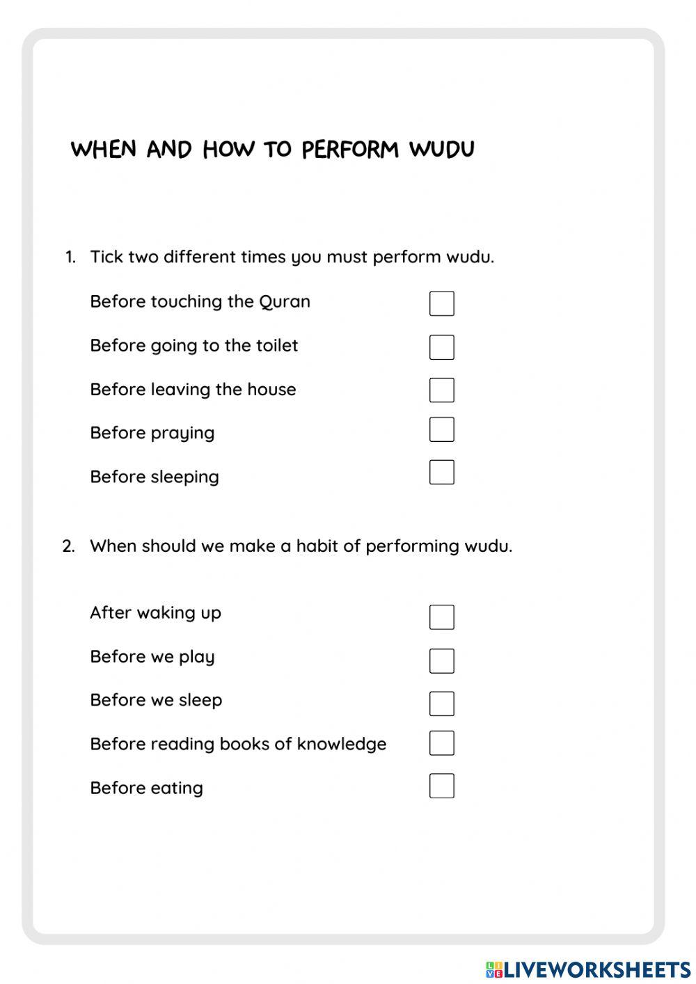 When and how to perform wudu worksheet | Live Worksheets