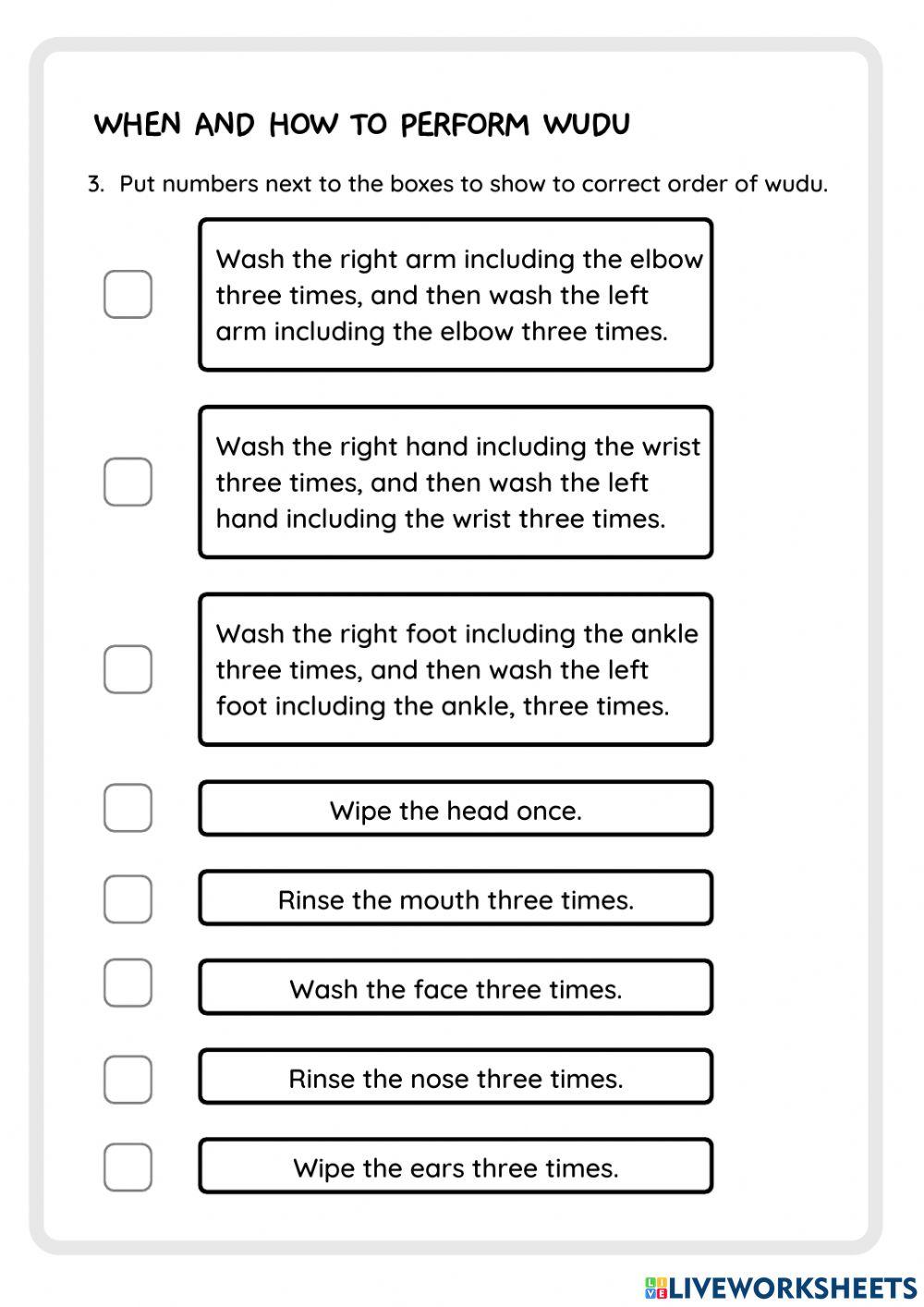 When and how to perform wudu worksheet | Live Worksheets
