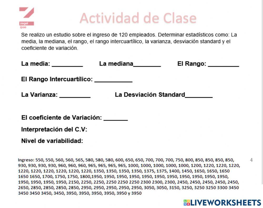 Medidas de Dispersión 4 worksheet | Live Worksheets
