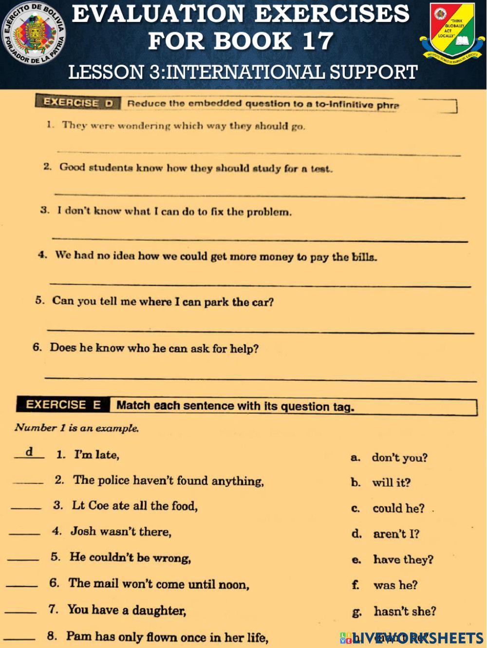 Evaluation exercises book 17, lesson 3 worksheet | Live Worksheets