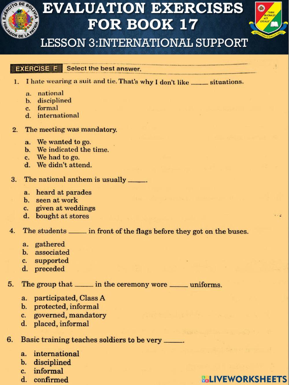 Evaluation exercises book 17, lesson 3 worksheet | Live Worksheets