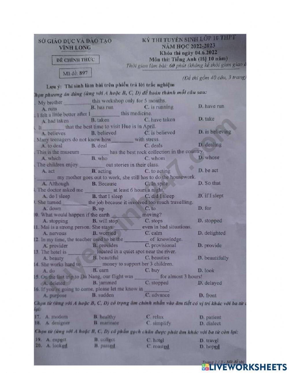Exam online exercise for 9 | Live Worksheets