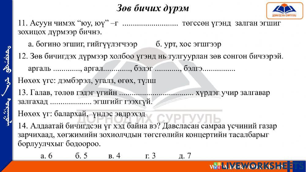 Зөв бичих дүрмийн мэдлэг бататгах тест Online Exercise For Live