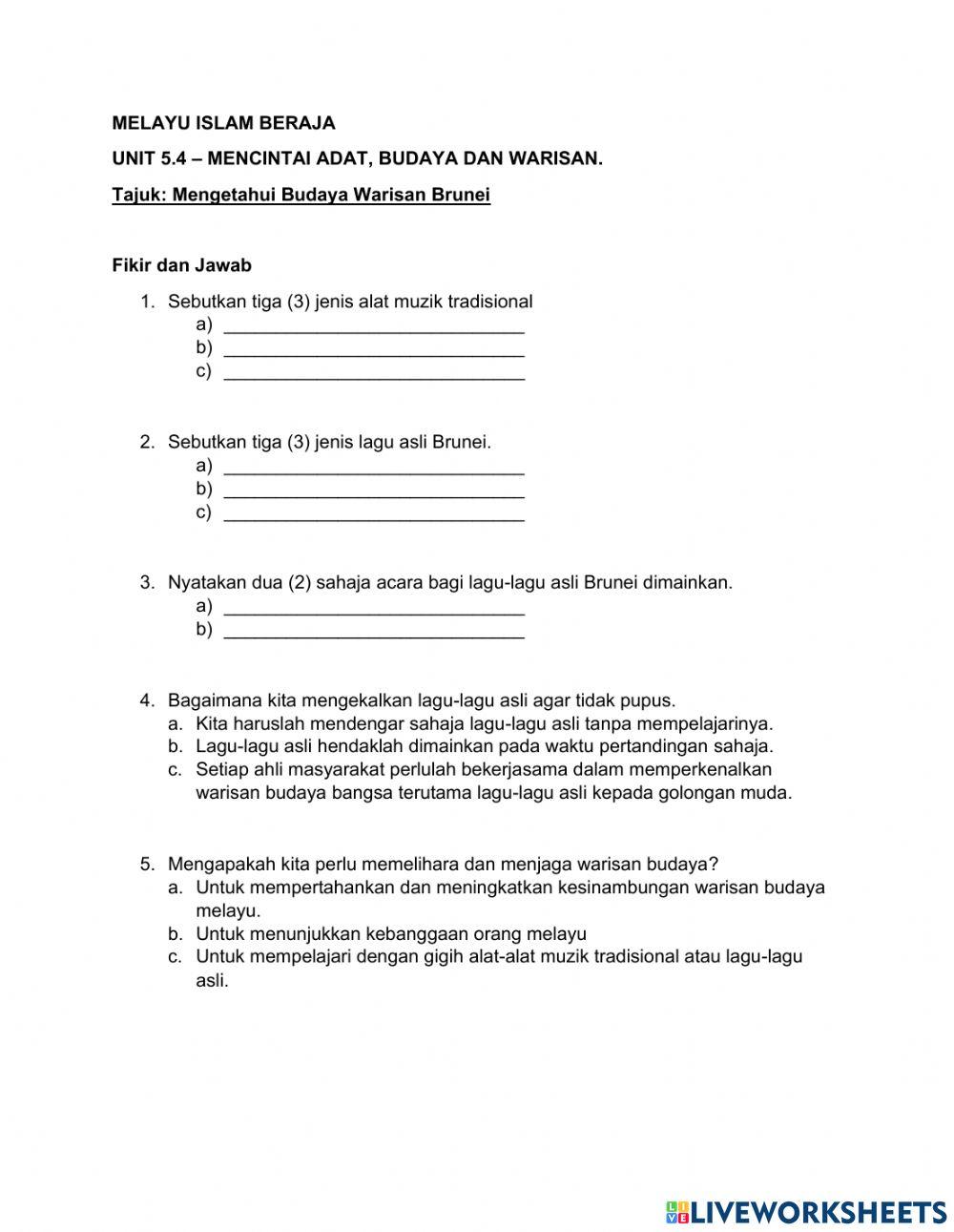 Mencintai Adat, Budaya dan Warisan activity | Live Worksheets