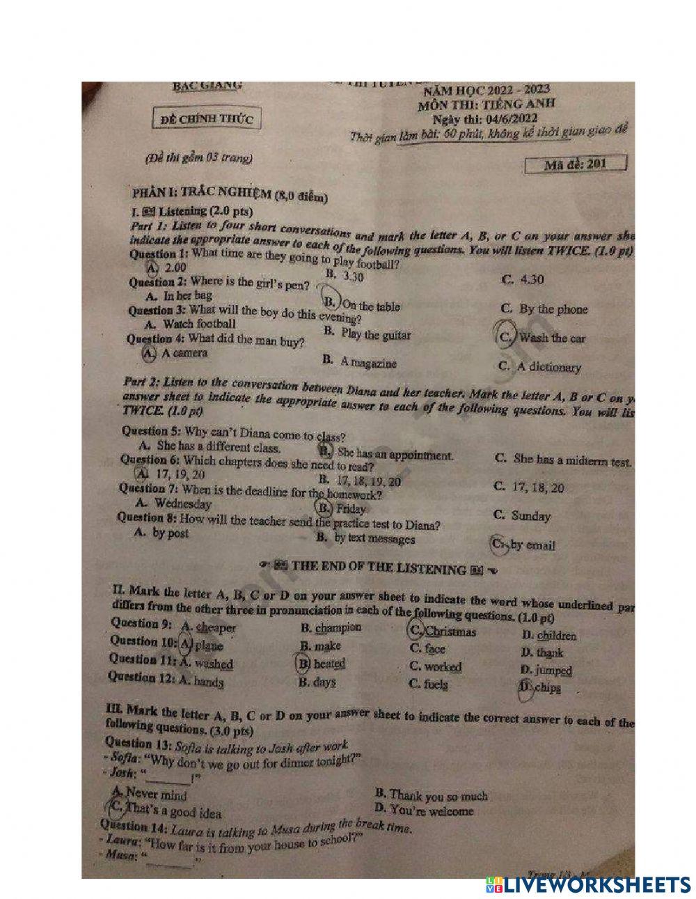 Exam online exercise for 9 | Live Worksheets