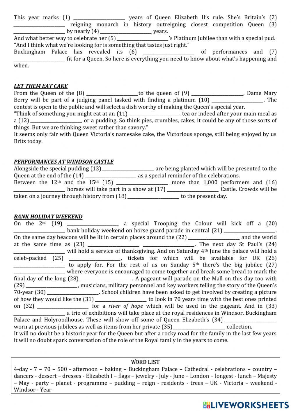 The Queen's Jubilee worksheet | Live Worksheets