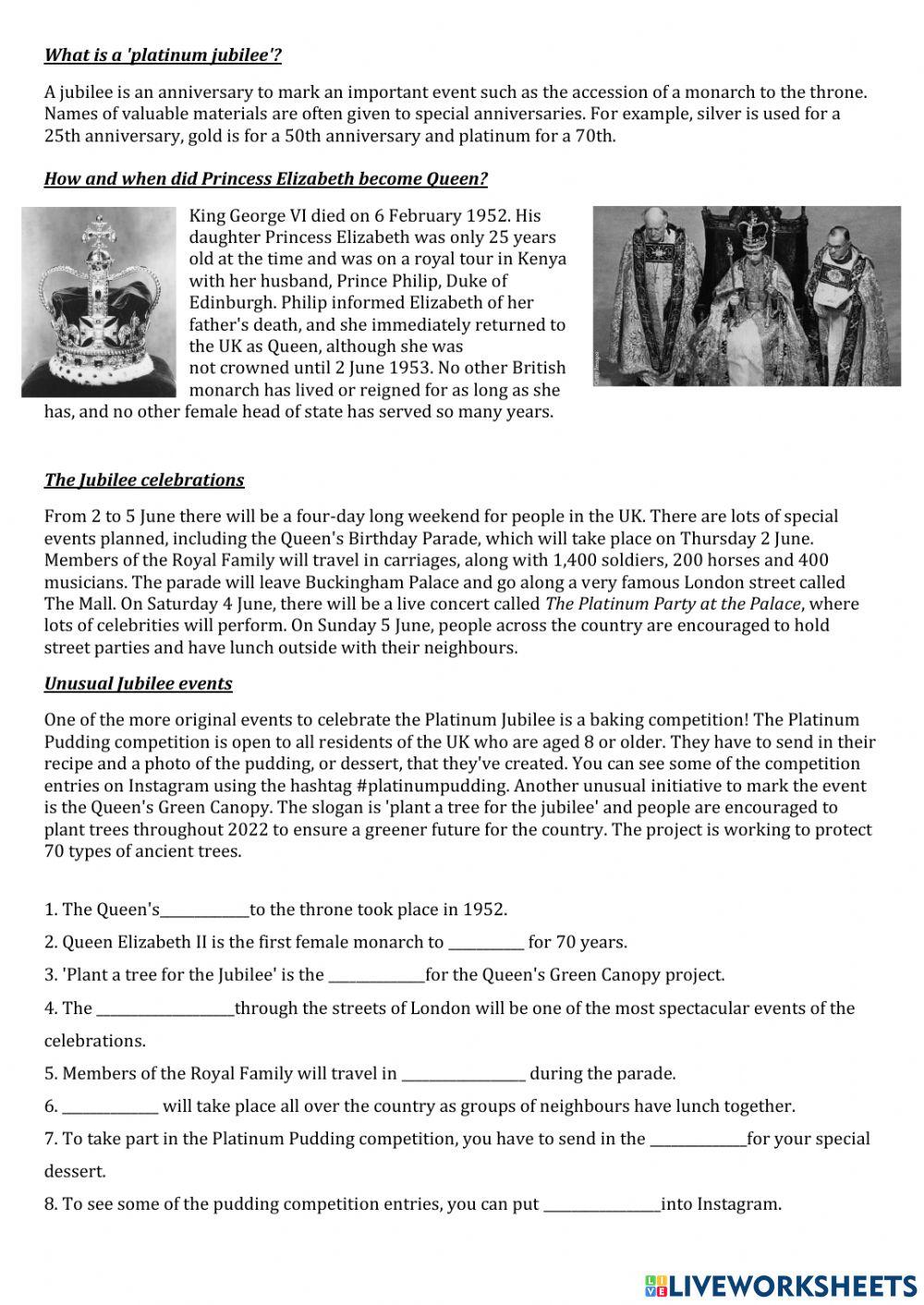 The Queen's Jubilee worksheet | Live Worksheets
