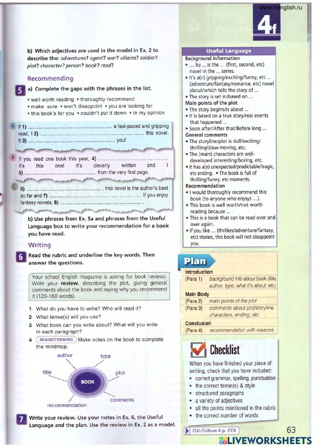 On Screen B1+ Module 4 writing a book review online exercise for | Live ...