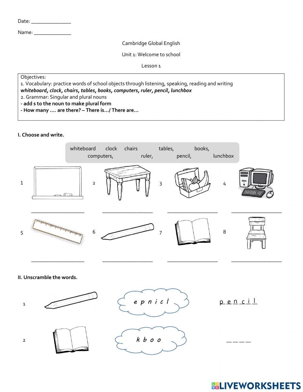 School things online exercise for 1 | Live Worksheets