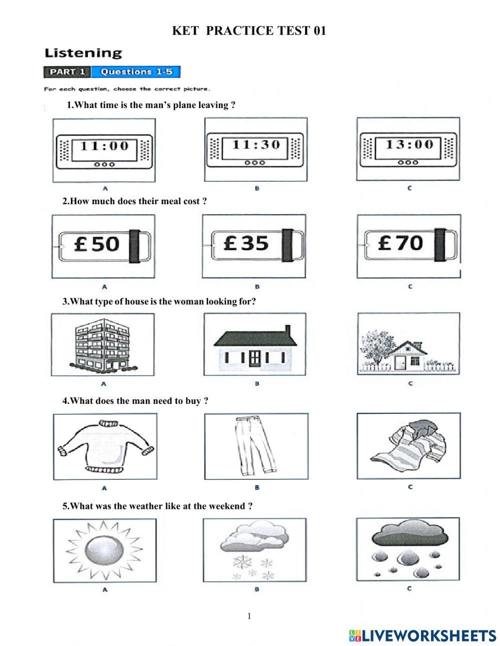 Ket Practice Test 01 Listening Online Exercise For Live Worksheets