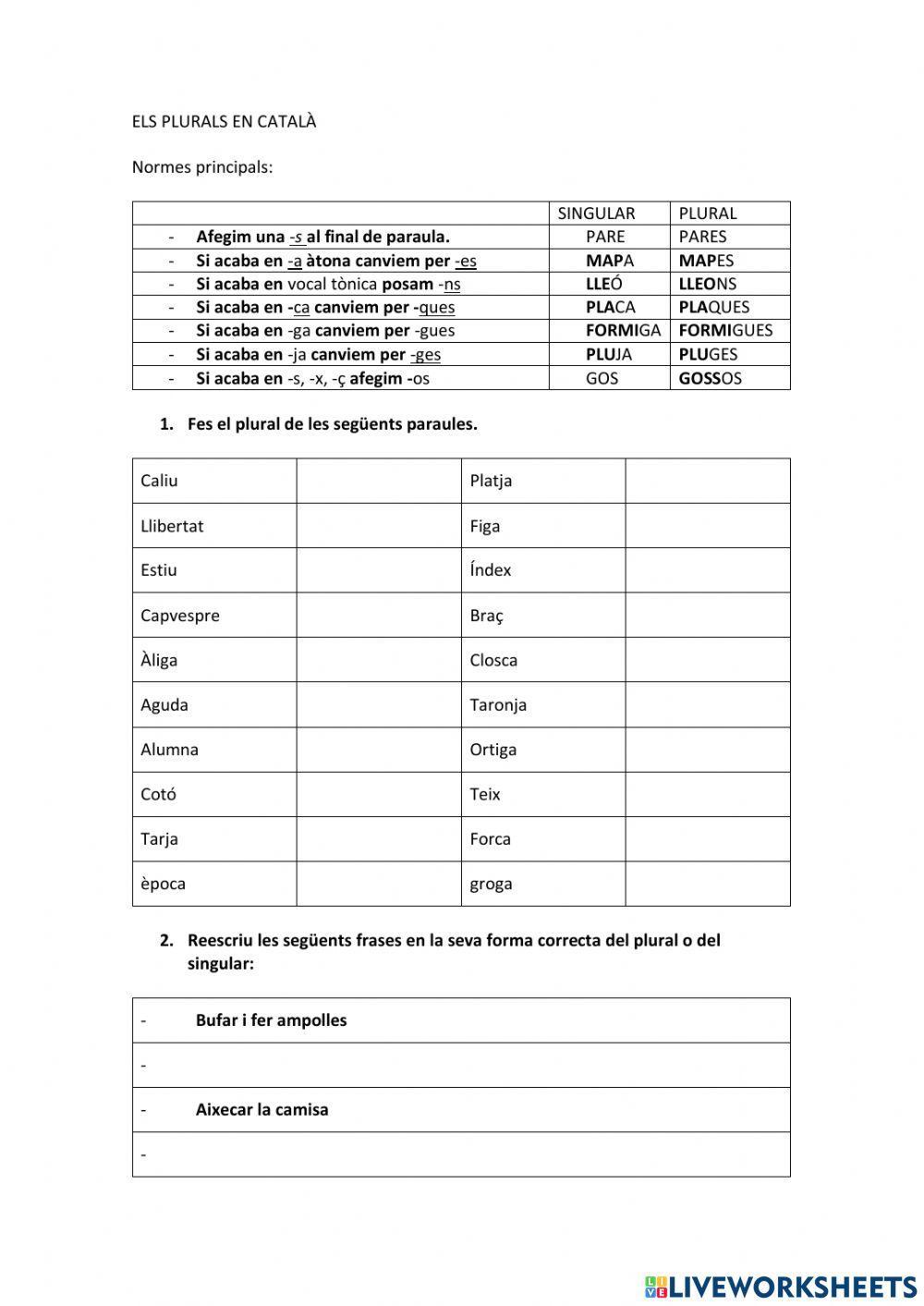 Els plurals activity | Live Worksheets