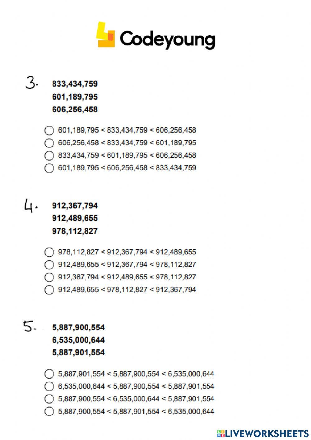 Comparing and Ordering 10-Digit Numbers Concept HW