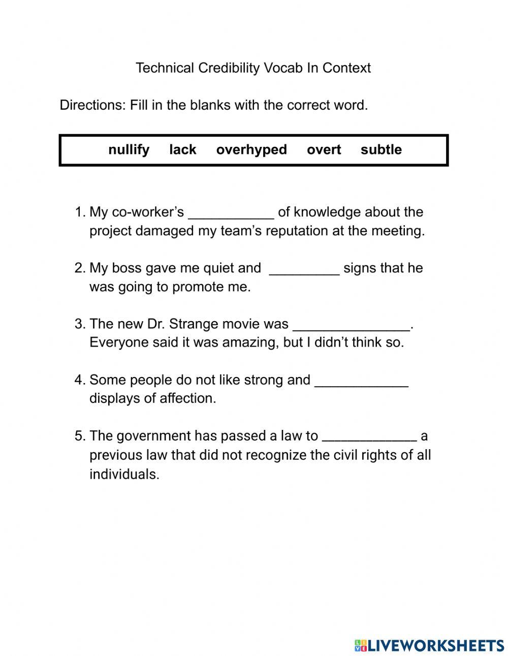 Technical Credibility Voacb in Context worksheet | Live Worksheets