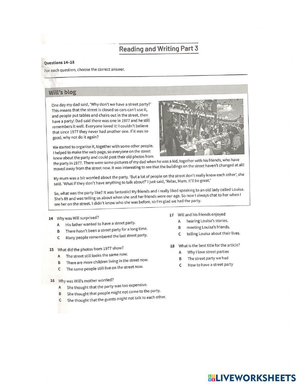 KEY Reading and… | Free Interactive Worksheets | 2063936