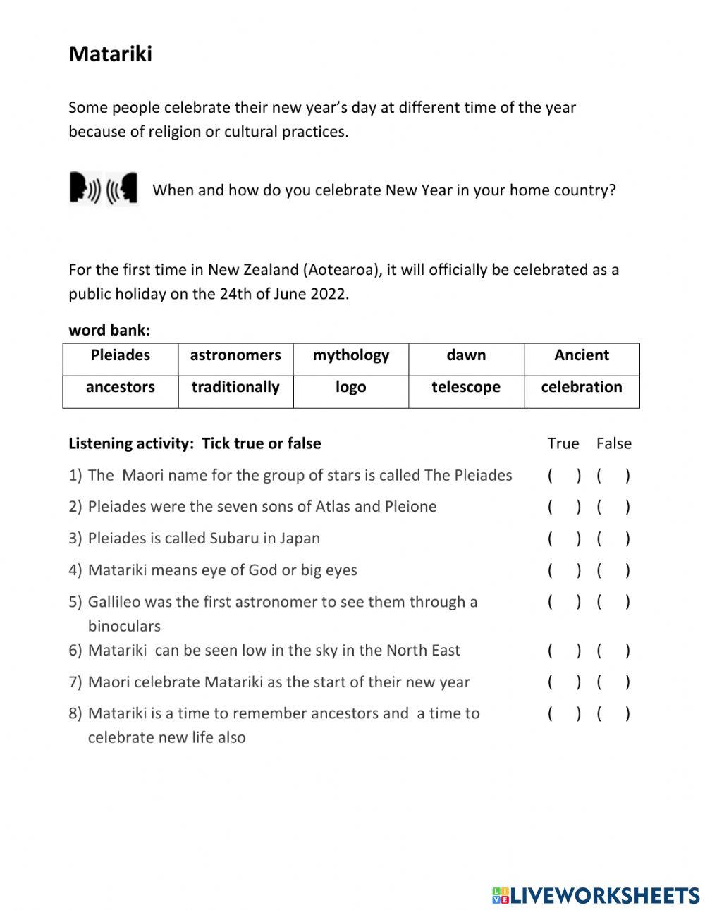 Matariki-2016-ws1 online exercise for | Live Worksheets