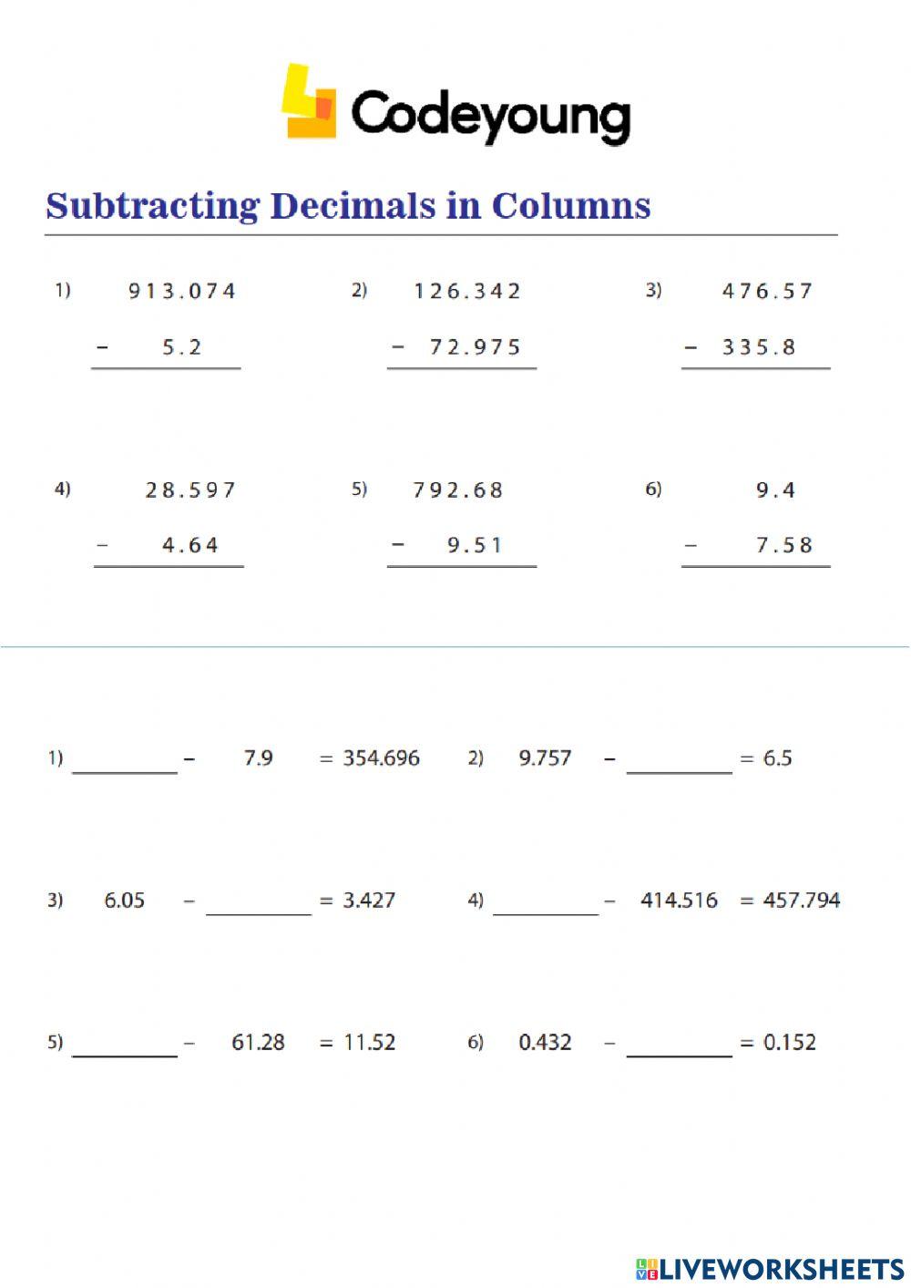 Addition And Subtraction Of Decimals Advanced Worksheet Live Worksheets