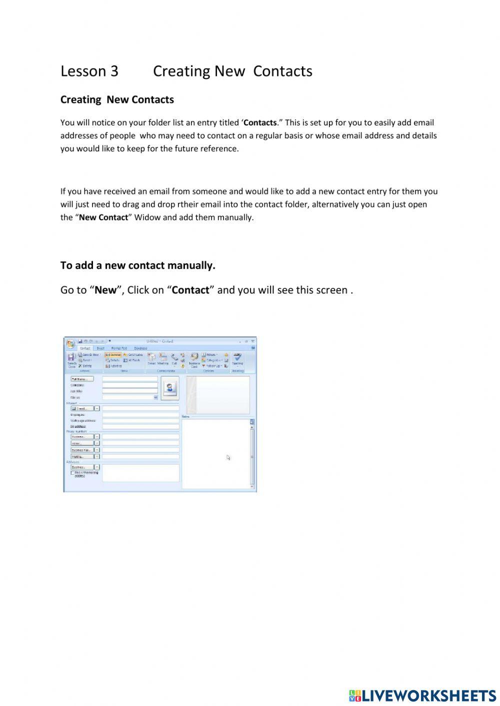 Lesson 3 Creating New Contacts worksheet | Live Worksheets