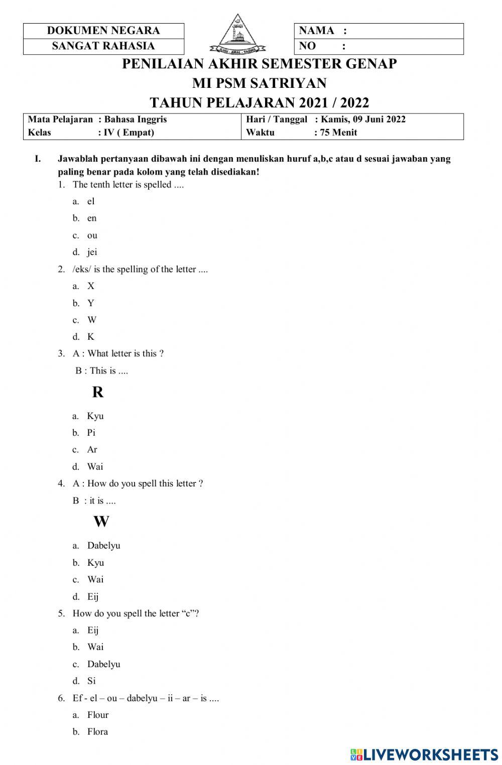 Bahasa Inggris interactive worksheet for 4 | Live Worksheets