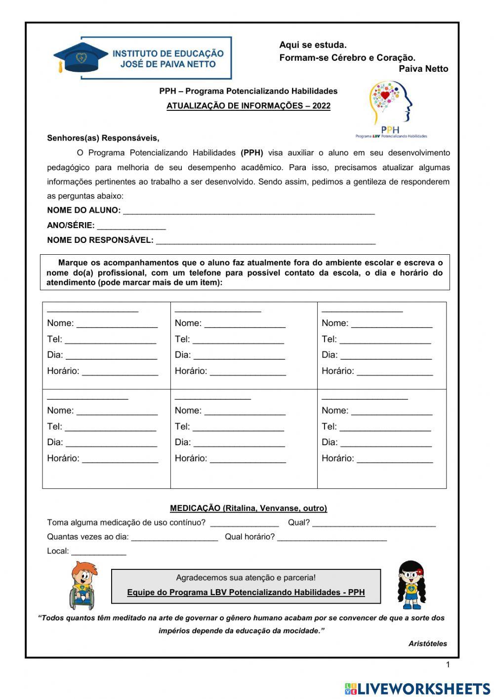 FORMULÁRIO - Atualização (PPH) worksheet | Live Worksheets