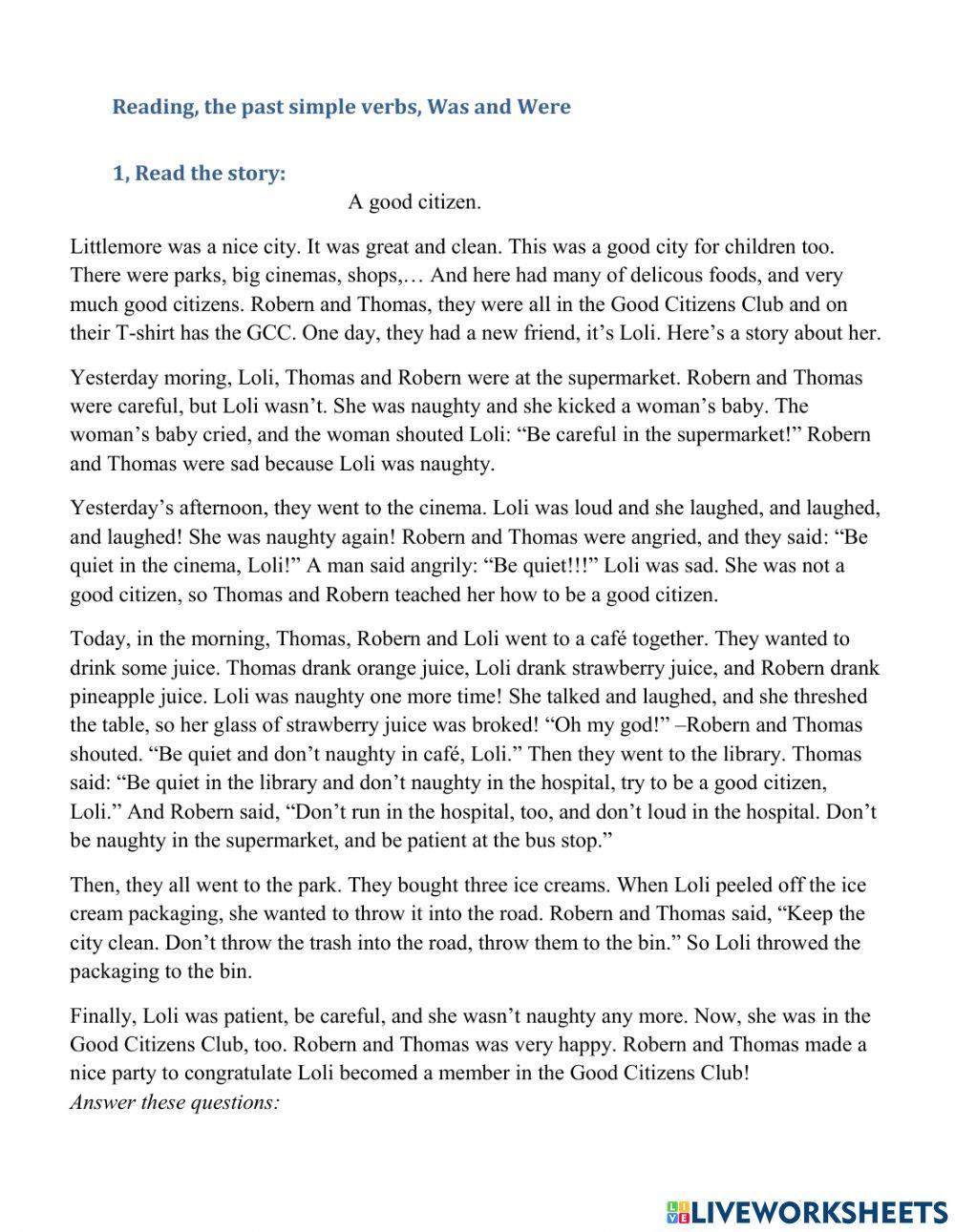 Reading, past simple, Was and Were | Orger David | Live