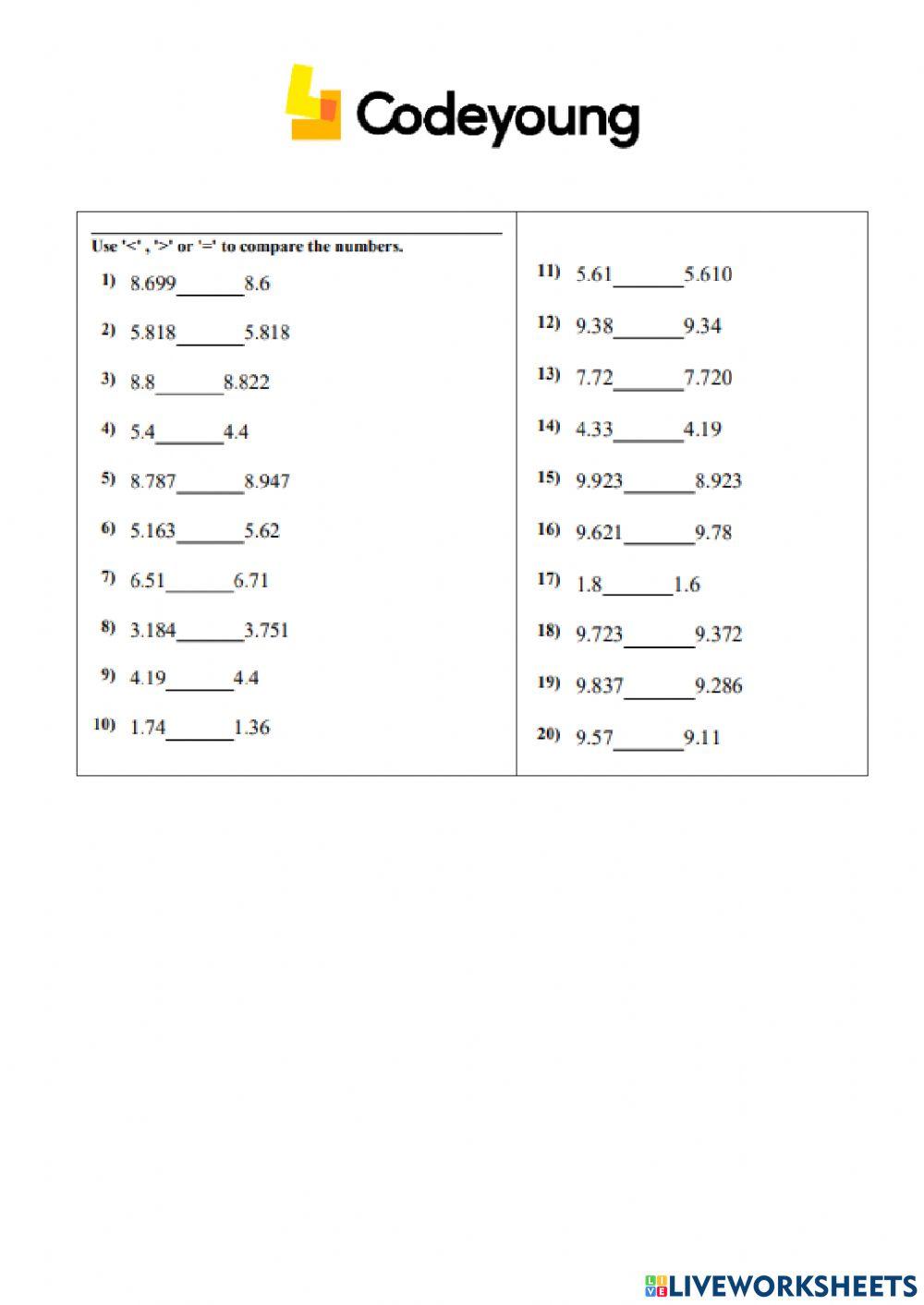 Comparison of Decimals Concept HW worksheet | Live Worksheets