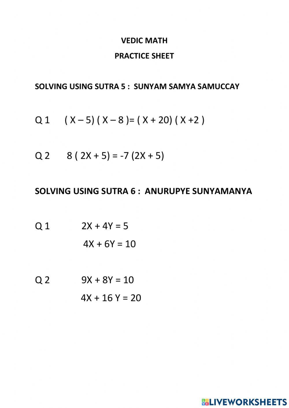 VEDIC MATH PRACTICE WORKSHEET SUTRA 5, SUTRA 6 online exercise for | Live Worksheets