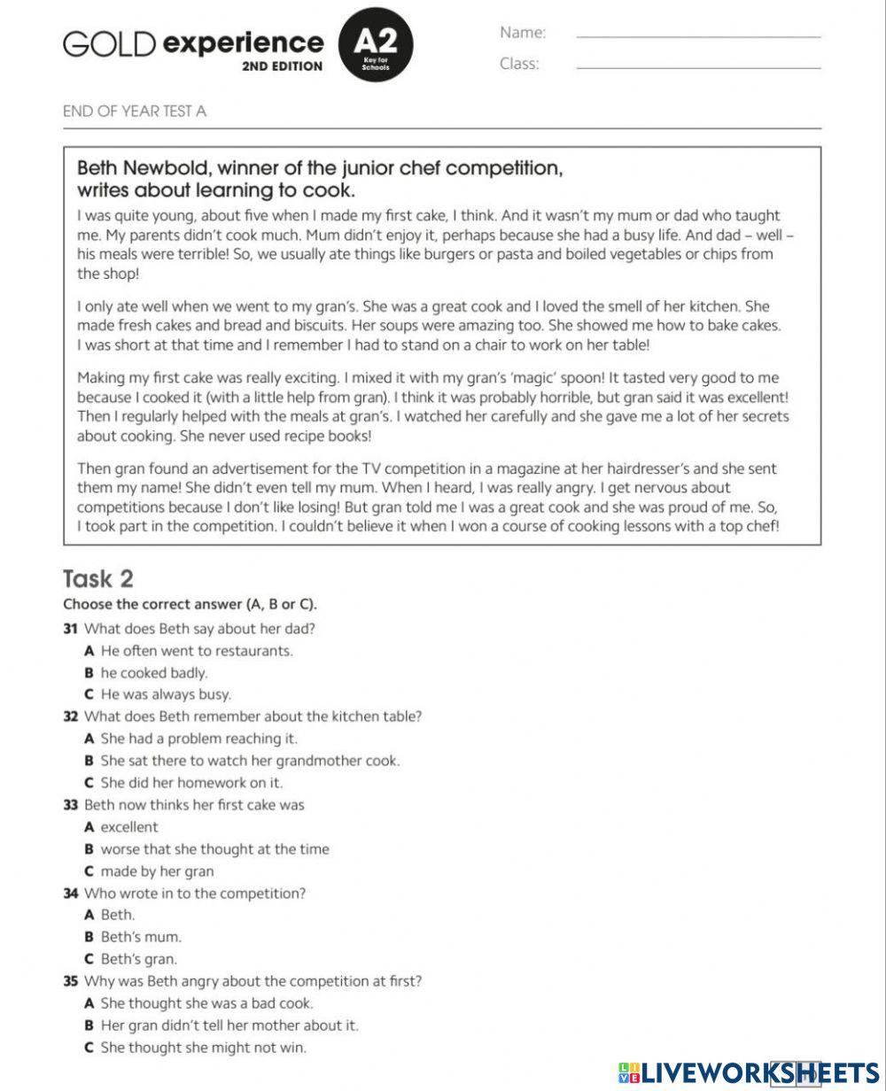 GE A2 EYT Reading 2 online exercise for | Live Worksheets