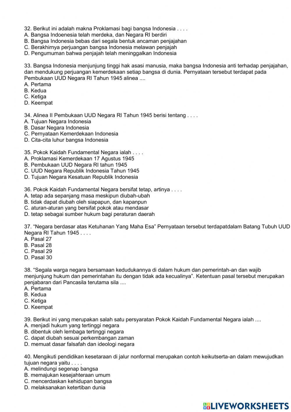 Soal Pat Ppkn Kelas 8 Worksheet Live Worksheets