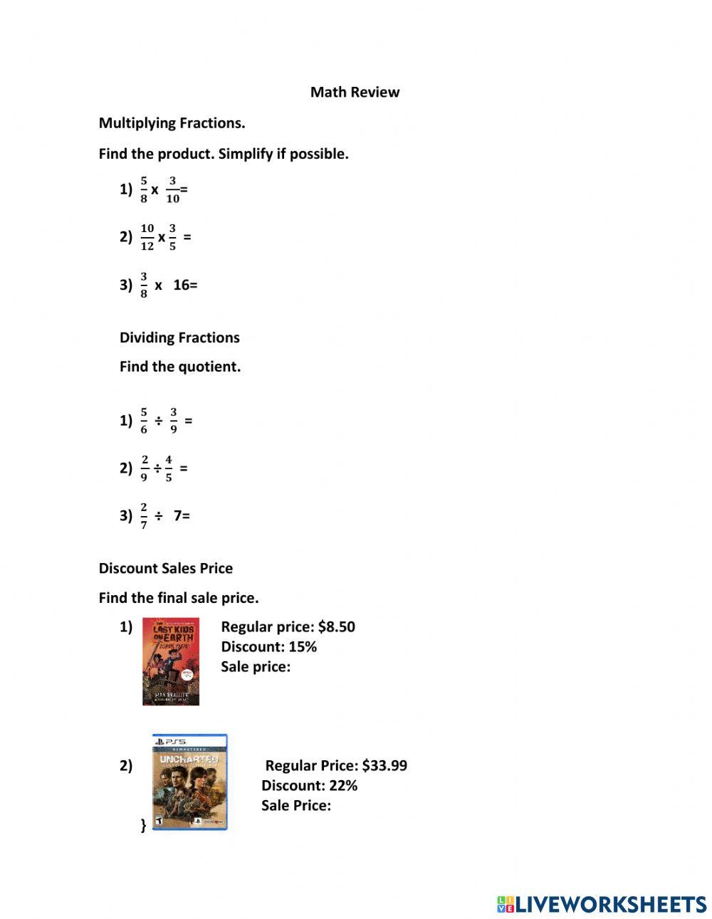 Math review online exercise for 6th | Live Worksheets