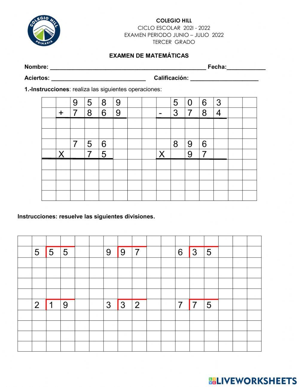 Examen de matematicas junio worksheet | Live Worksheets