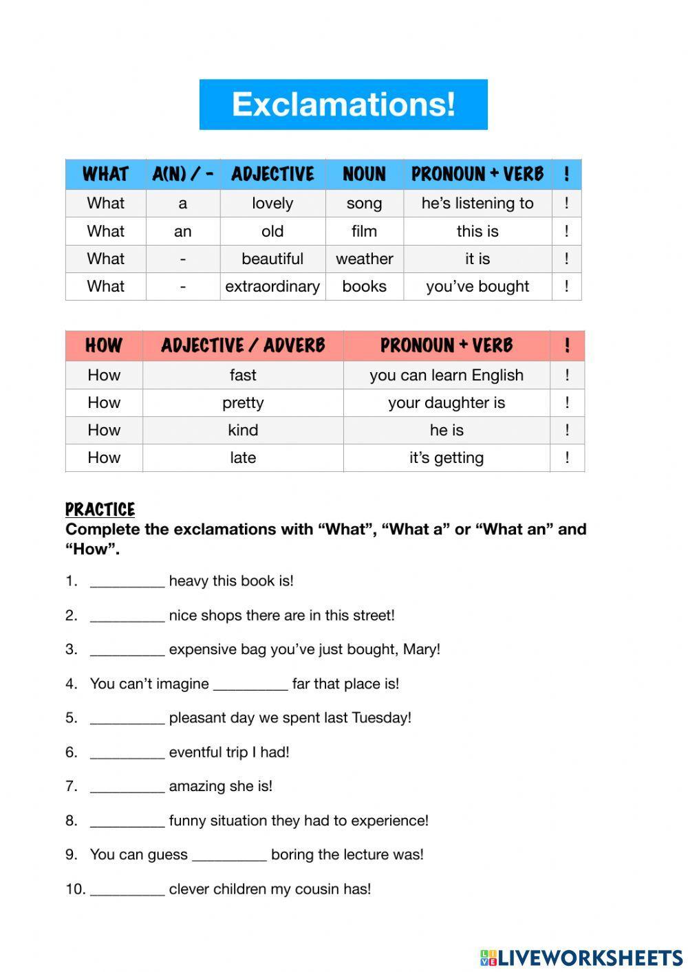 Exclamations! | Free Interactive Worksheets | 2086077