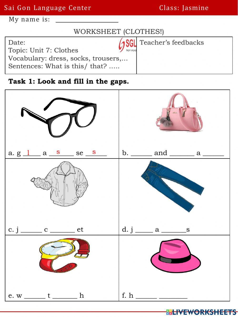 Clothes online exercise for Grade 1 - 2 (Class: Jasmine) | Live Worksheets