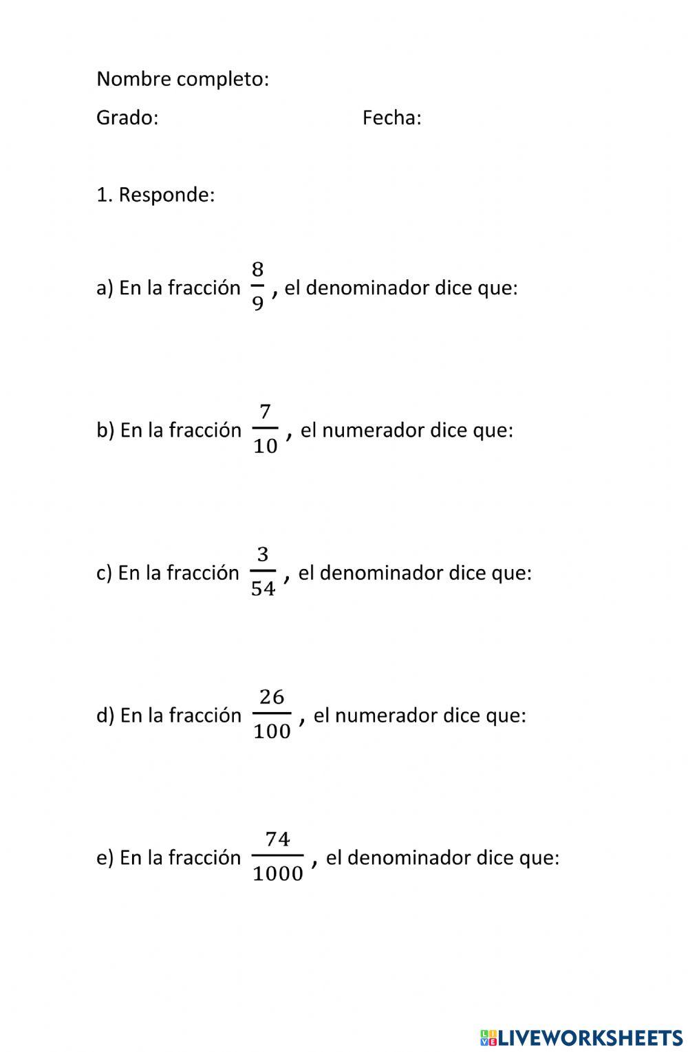 Función del numerador y del denominador worksheet | Live Worksheets