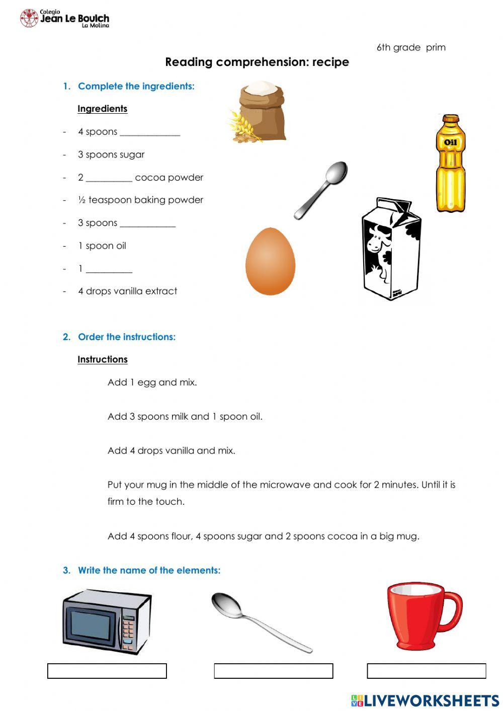 Mug cake recipe | Free Interactive Worksheets | 2092194
