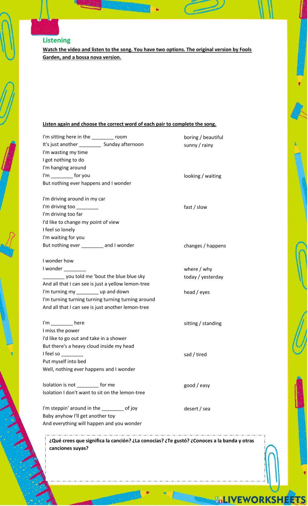 Song: Lemon Tree | Free Interactive Worksheets | 2092239