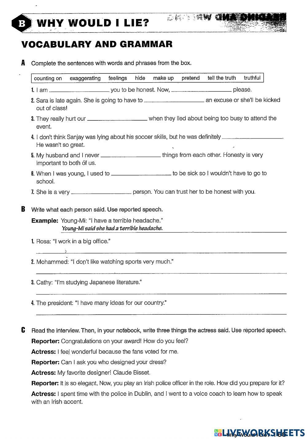 Unit 11 Lesson B Why would I lie online exercise for | Live Worksheets