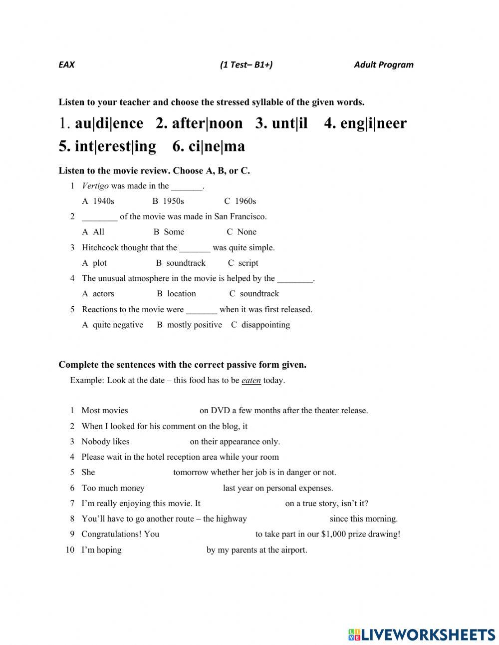 B1+ - MIDTERM TEST - MONTH 1 online exercise for | Live Worksheets