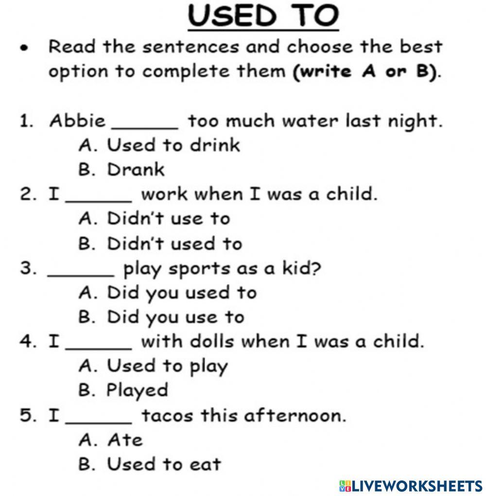 JULY 12th HW USED TO worksheet | Live Worksheets