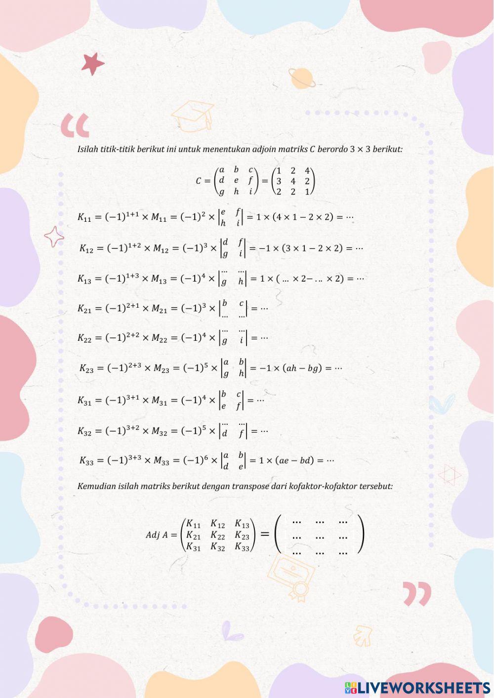 Adjoin Matriks 3x3 worksheet | Live Worksheets