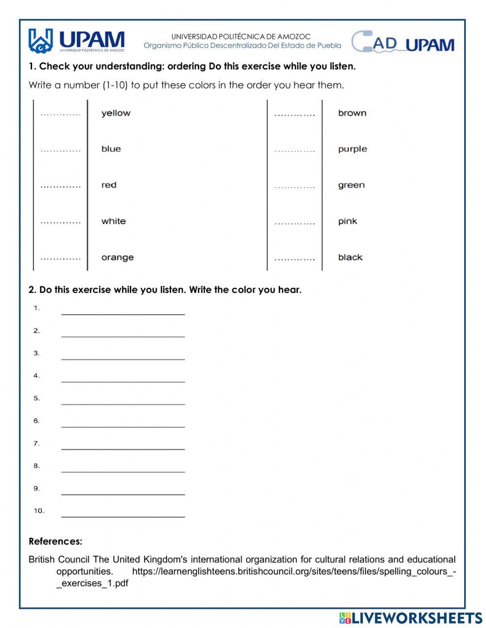 Listening-Spelling of colors online exercise for | Live Worksheets