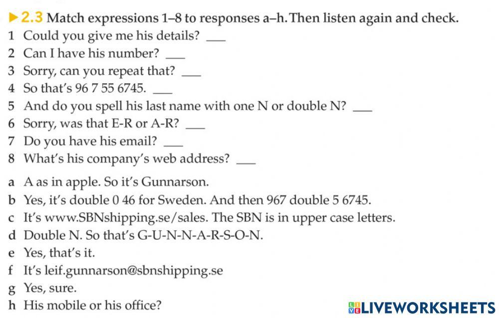 Contact details online exercise for | Live Worksheets