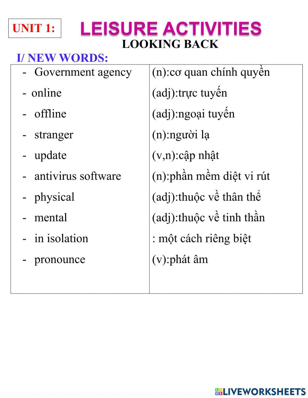 English 8- unit 1- looking back worksheet | Live Worksheets