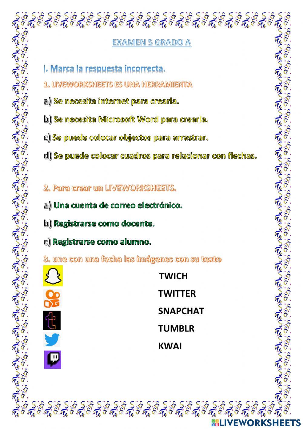 2093172 | Examen 5 A | andreia321 | LiveWorksheets