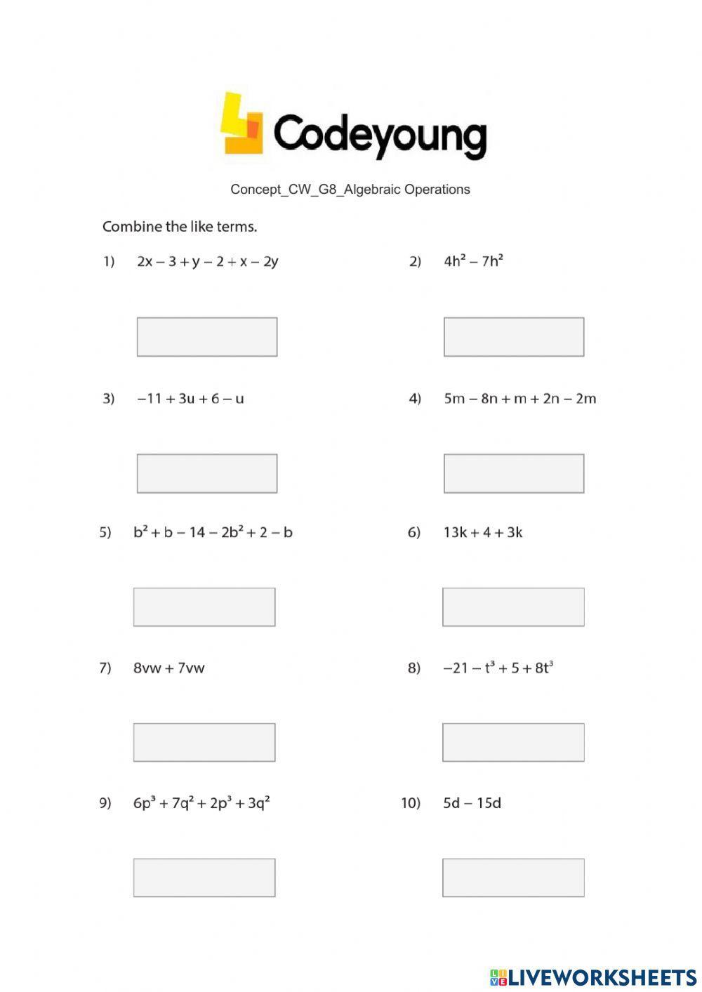 Concept-CW-G8-Algebraic Operations worksheet | Live Worksheets