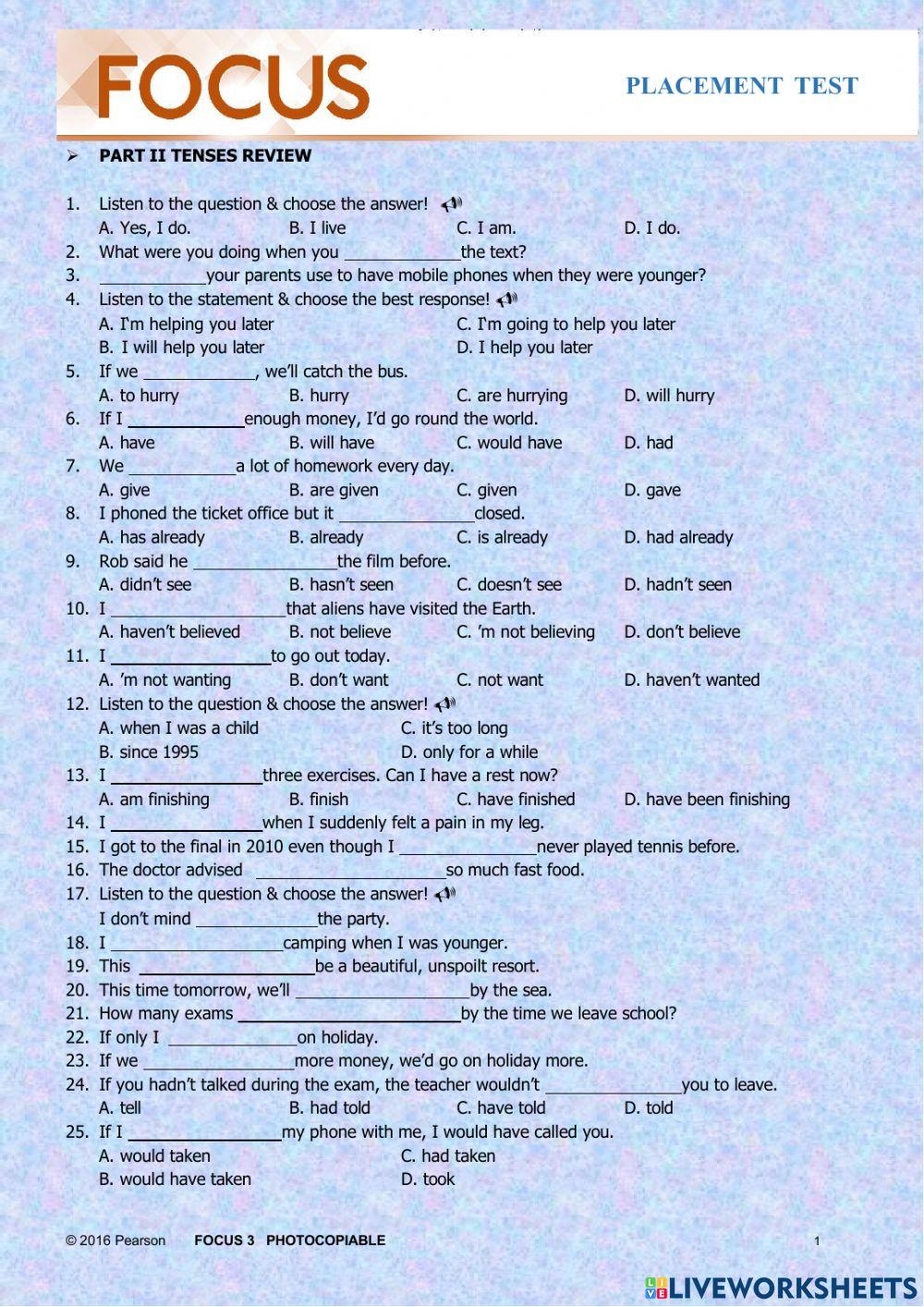 Placement Test II - Tenses Review 3613582 | Eleonora
