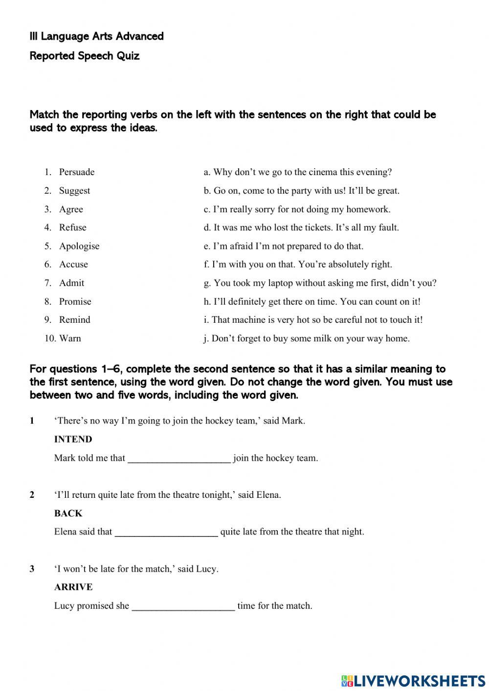 Reported Speech Quiz Esl