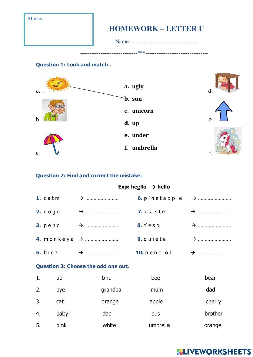 Letter U online pdf exercise for 3 | Live Worksheets